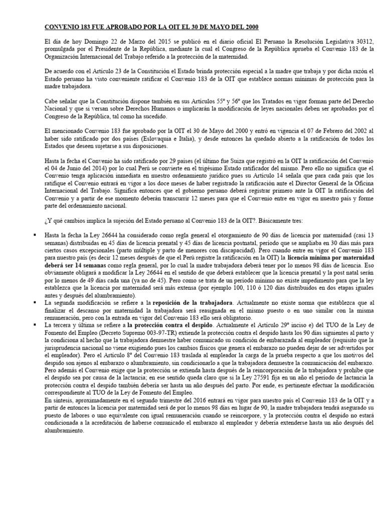 Perú Ratifica Convenio 183 de la OIT | PDF | Tratado | Organización Internacional del Trabajo