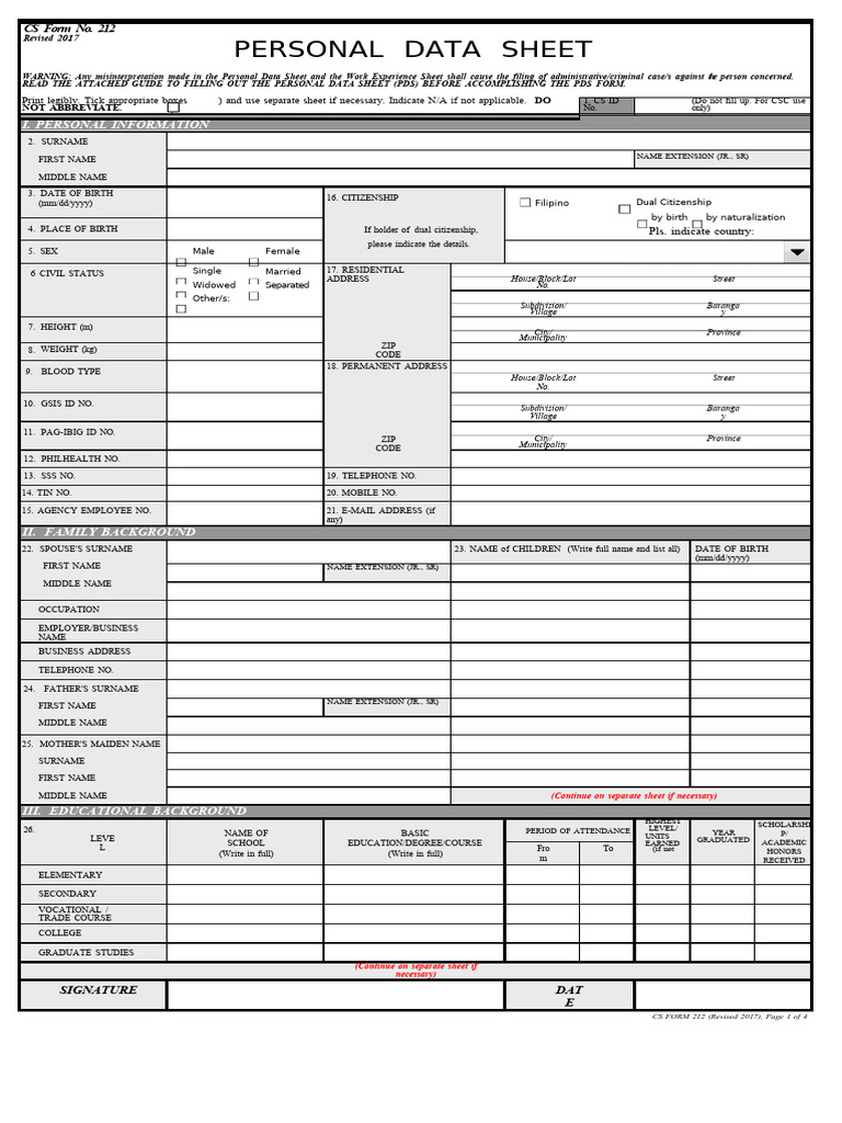 Personal Data Sheet CS Form 212 | PDF | Government | Justice