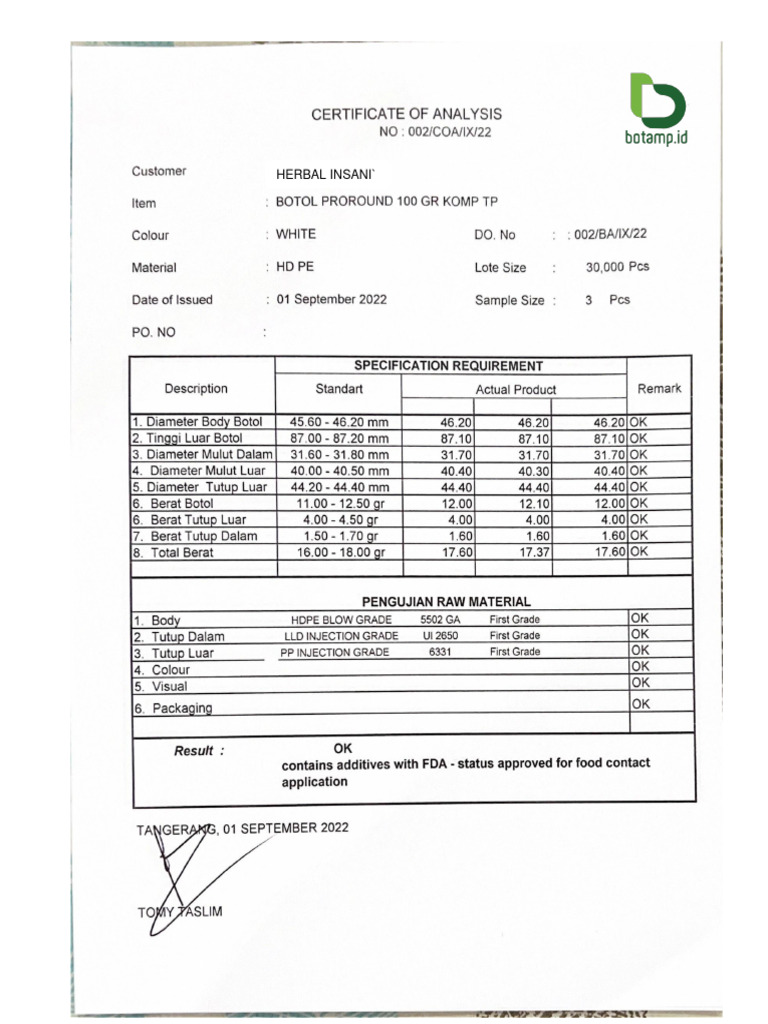 Coa Botol Proround 100 Ml Hdpe (Spek Kemas) | PDF
