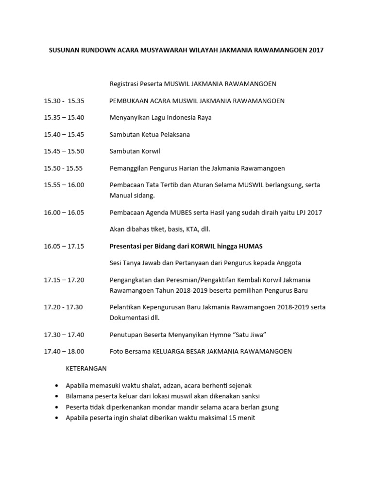 Susunan Rundown Acara Musyawarah Wilayah Jakmania Rawamangoen 2017 | PDF
