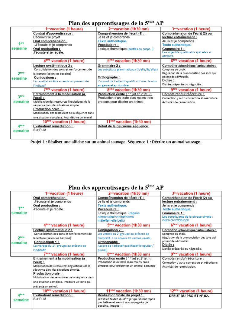Plan Des Apprentissages de La 5ème AP | PDF | Morphologie linguistique | Syntaxe