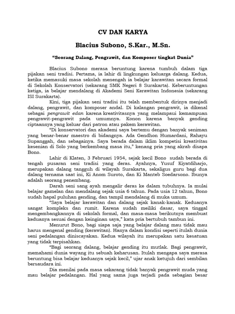 Blacius Subono: Dalang dan Komposer Terkenal | PDF | Seni
