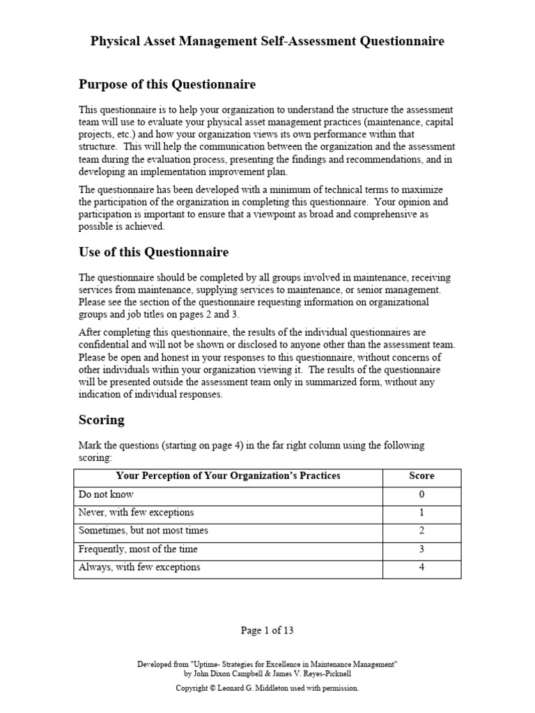 Physical Asset Management Self-Assessment Questionnaire | PDF ...