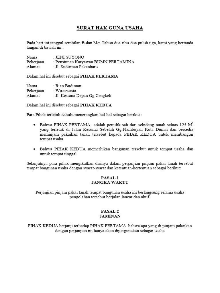 Contoh Surat Hak Guna Pakai Tanah Untuk | PDF