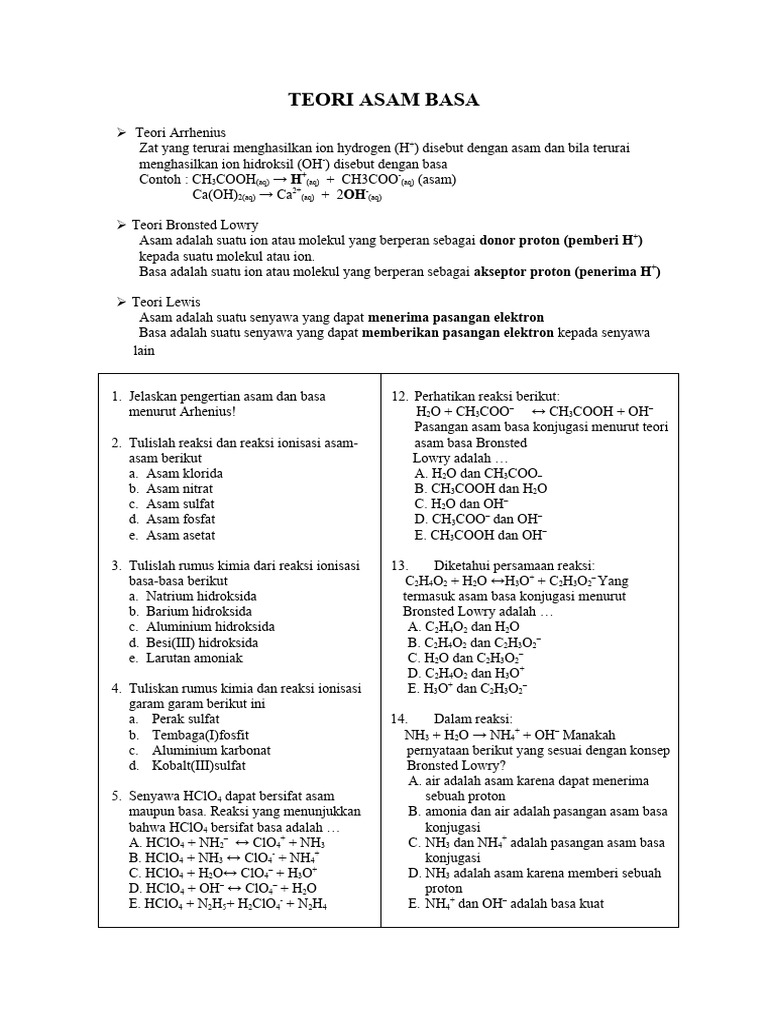 SOAL TEORI ASAM- BASA DAN KEKUATAN ASAM-BASA | PDF