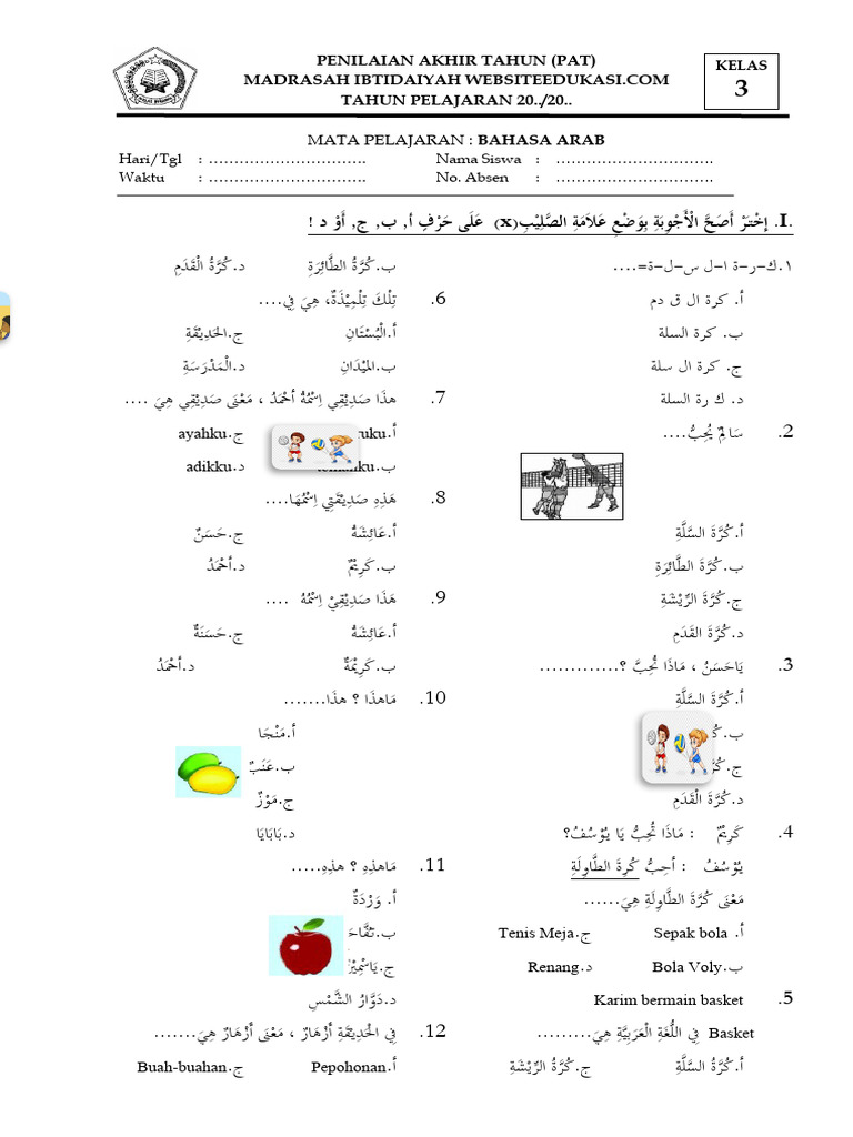 (New) Soal PAT Kelas 3 MI - Bahasa Arab | PDF
