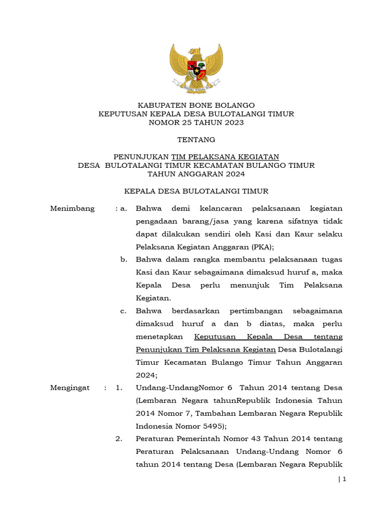 SK Tim Pelaksana Kegiatan RKPDes 2024 | PDF