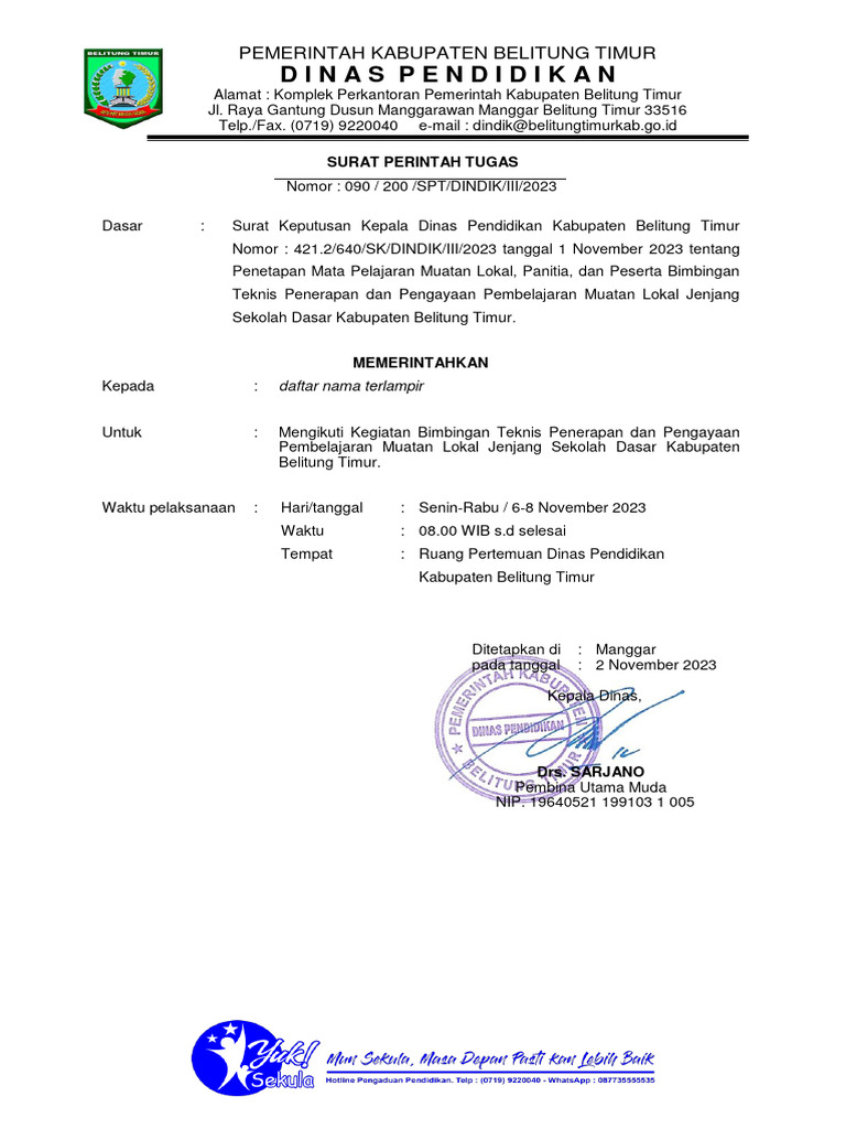 Surat Tugas Peserta Bimtek Muatan Lokal SD | PDF Surat Tugas Peserta Bimtek Muatan Lokal SD | PDF