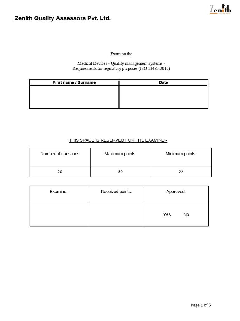 IQA ISO 13485 - 2016 Exam | PDF | Audit | Quality Management System