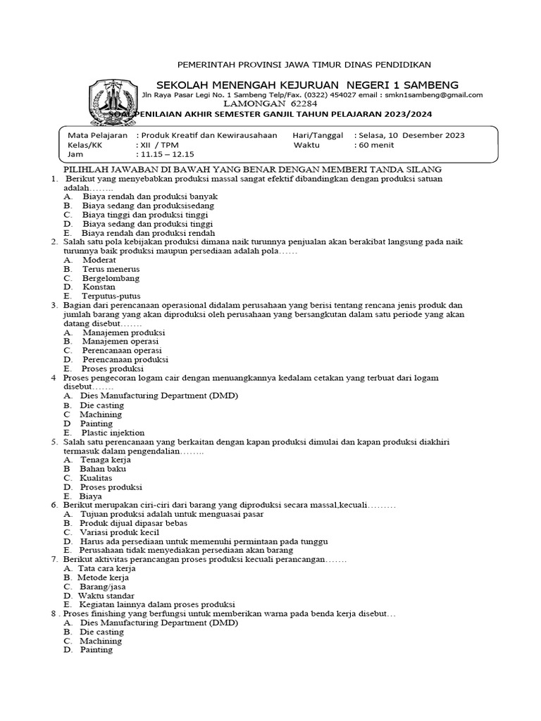 New Soal PKK Xii TPM | PDF