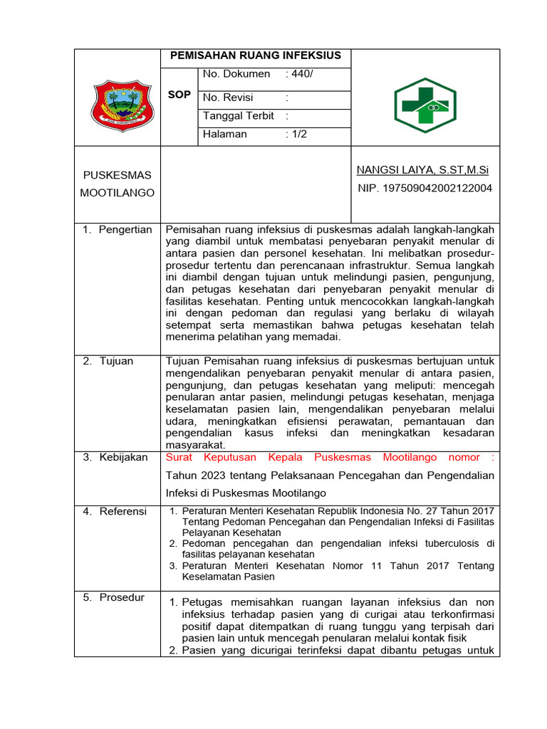 Spo Pemisahan Ruang Infeksius | PDF