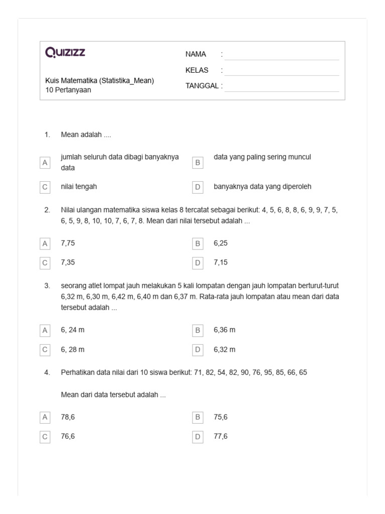 Kuis Matematika (Statistika - Mean) | PDF | Metode & Bahan Ajar