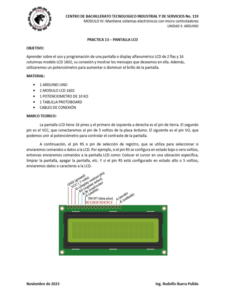 Practica 13 Arduino Uno - Pantalla LCD | PDF | Arduino | Tecnología de información y comunicaciones