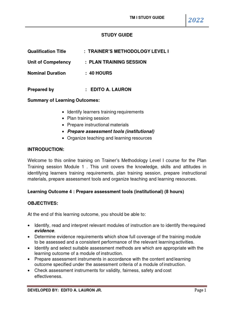 STUDY GUIDE-TMI Module 1 (LO4) | PDF | Educational Assessment | Learning