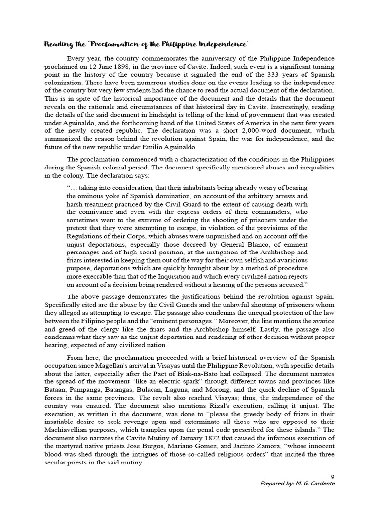 Reading the Philippine Independence Proclamation | PDF | Corazon Aquino ...
