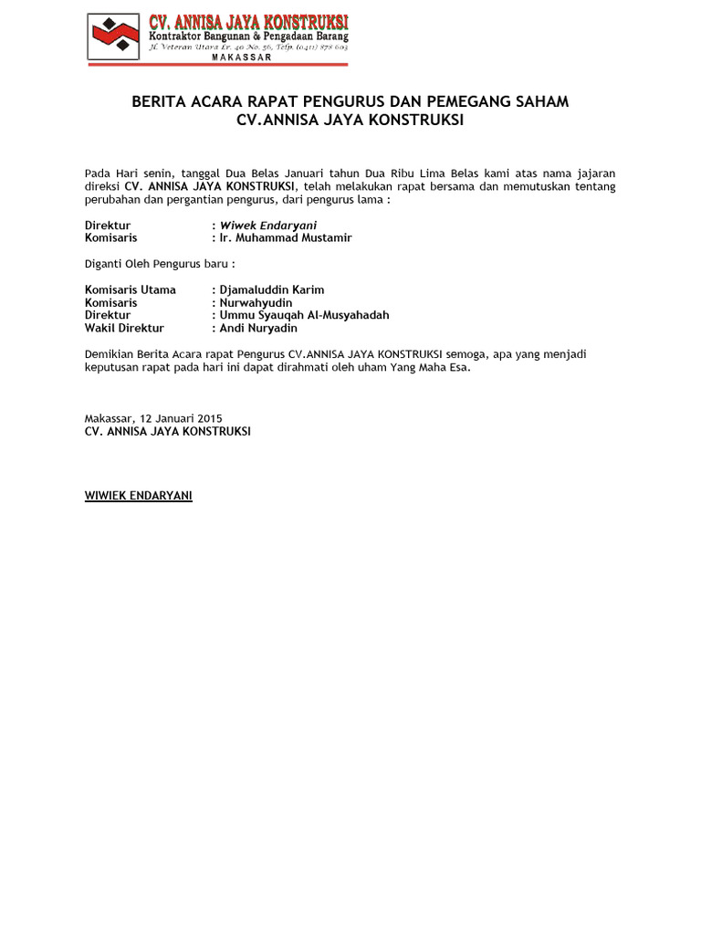 Berita Acara Rapat Pengurus Dan Pemegang Saham | PDF | Bisnis