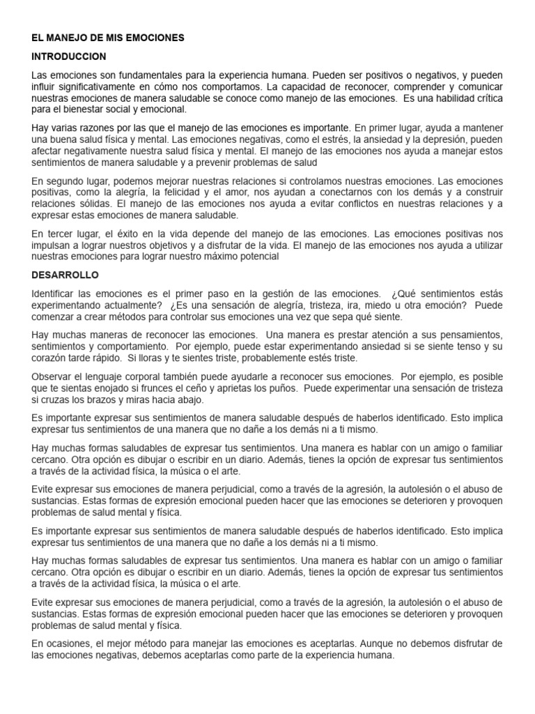 El Manejo De Mis Emociones Pdf Las Emociones Inteligencia Emocional