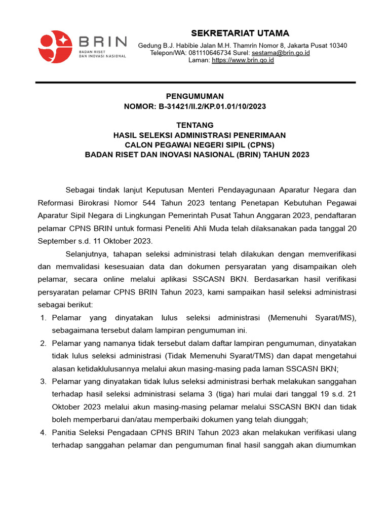 Pengumumanhasiladministrasi Seleksi Penerimaan CPNSTahun 20232 | PDF