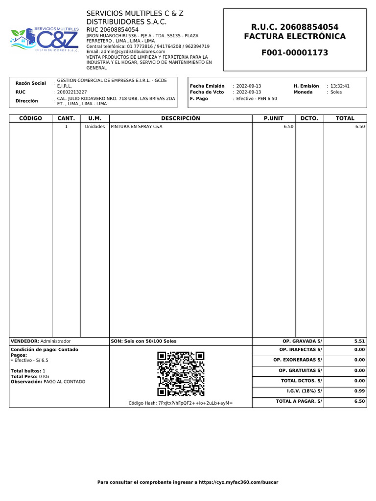 R.U.C. 20608854054 Factura Electrónica F001-00001173: Código Cant. U.M ...