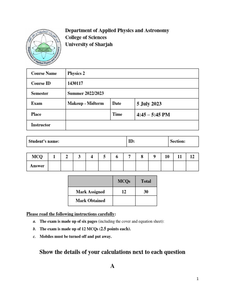 MT - Phys2 - Summer 23 - Version A - With Answers | PDF | Electric Field | Potential Energy