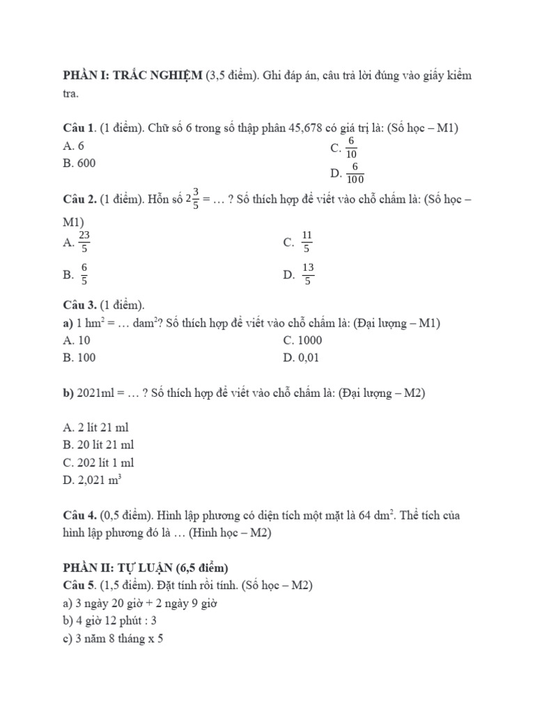 Đề Toán 5 HKII | PDF