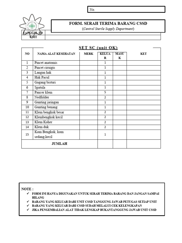 Form. Serah Terima Alat CSSD | PDF