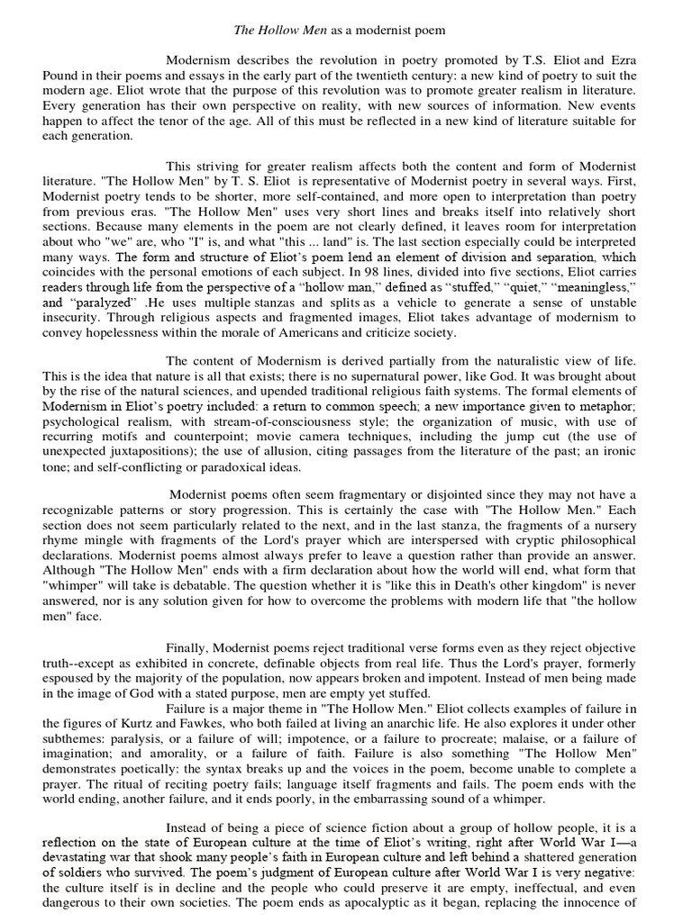 The Hollow Men as a modernist poem | PDF | Poetry | Modernism