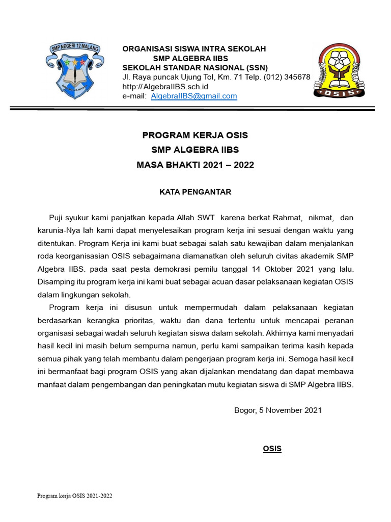 Program Kerja OSIS SMP Algebra IIBS 2021-2022 | PDF | Bisnis | Seni