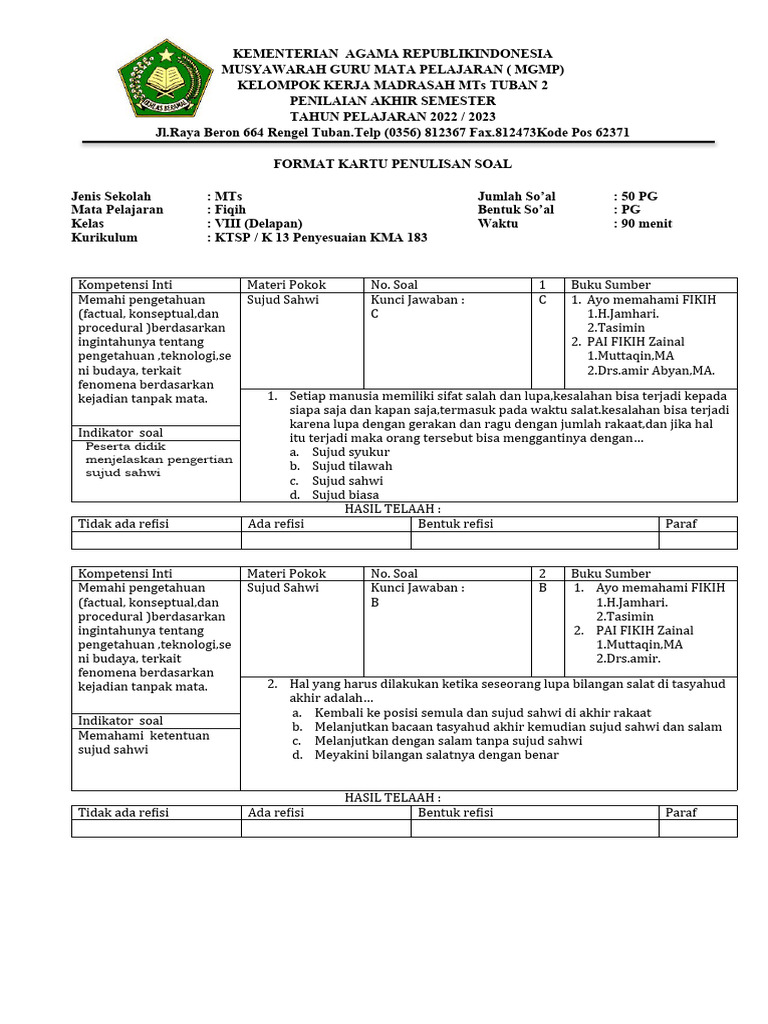 Form Kartu Soal Pas Ganjil 2022 Kelas Viii | PDF