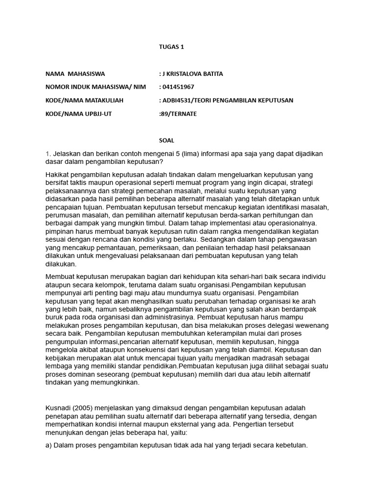 TUGAS TUTON 1 Teori Pembuatan Keputusan | PDF