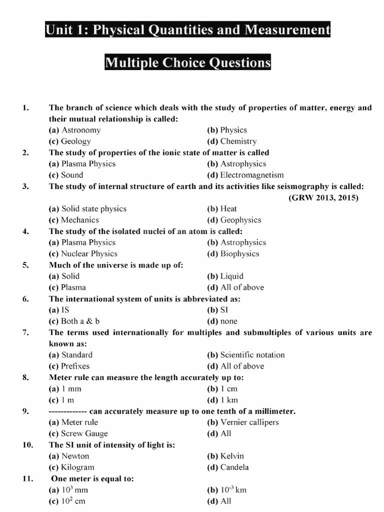 9th Class Physics Chapter 1 MCQs | PDF
