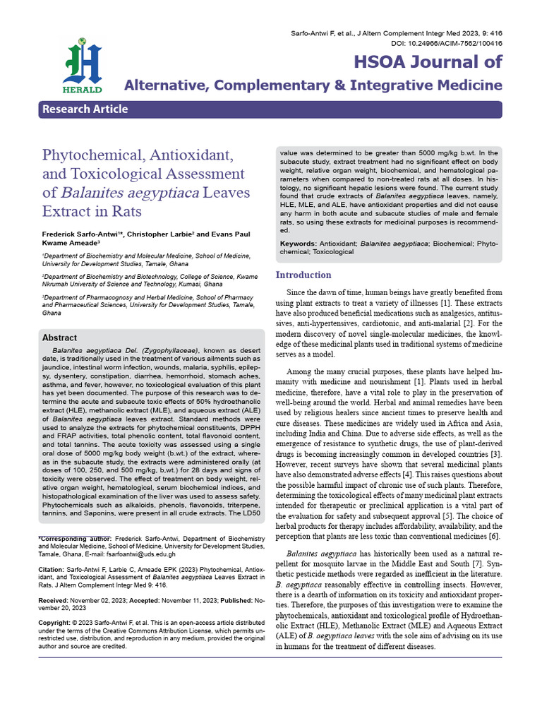 Phytochemical Antioxidant and Toxicological Assessment of Balanites ...