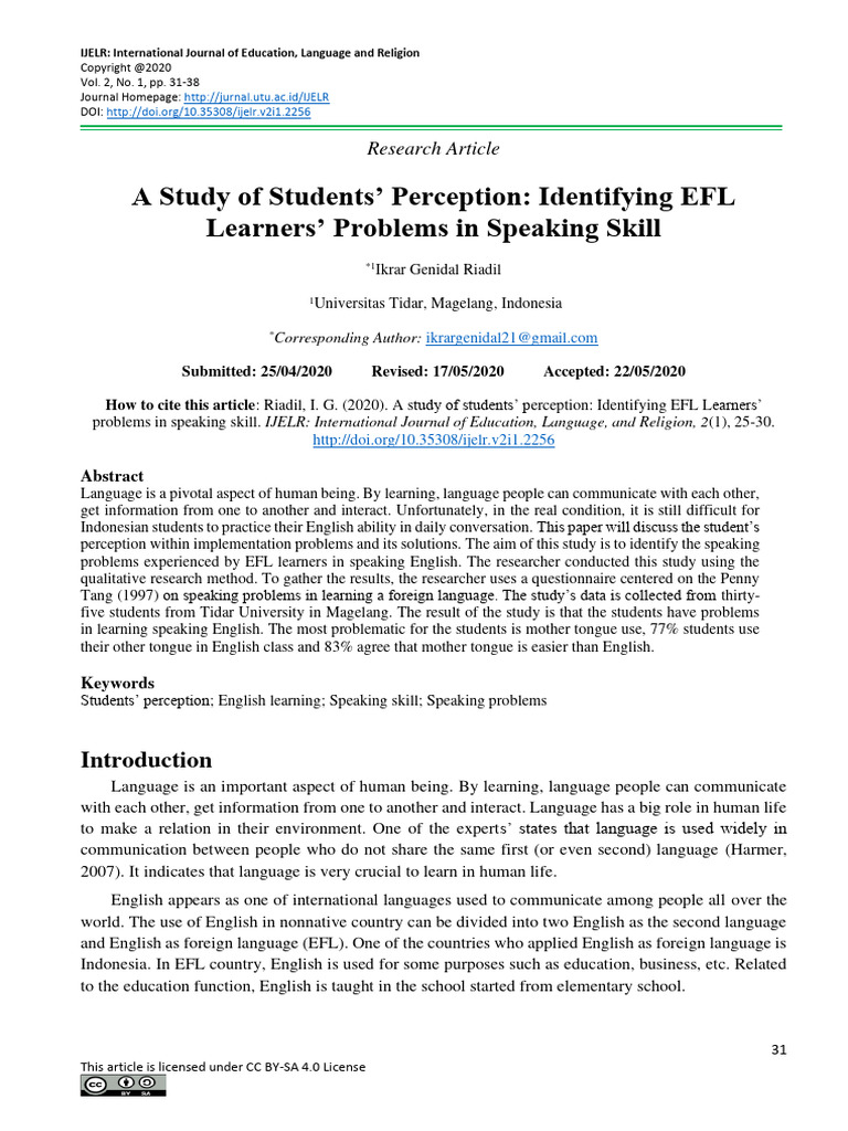 A Study of Students' Perception Identifying EFL Learners' Problem in Speaking Skill | PDF ...