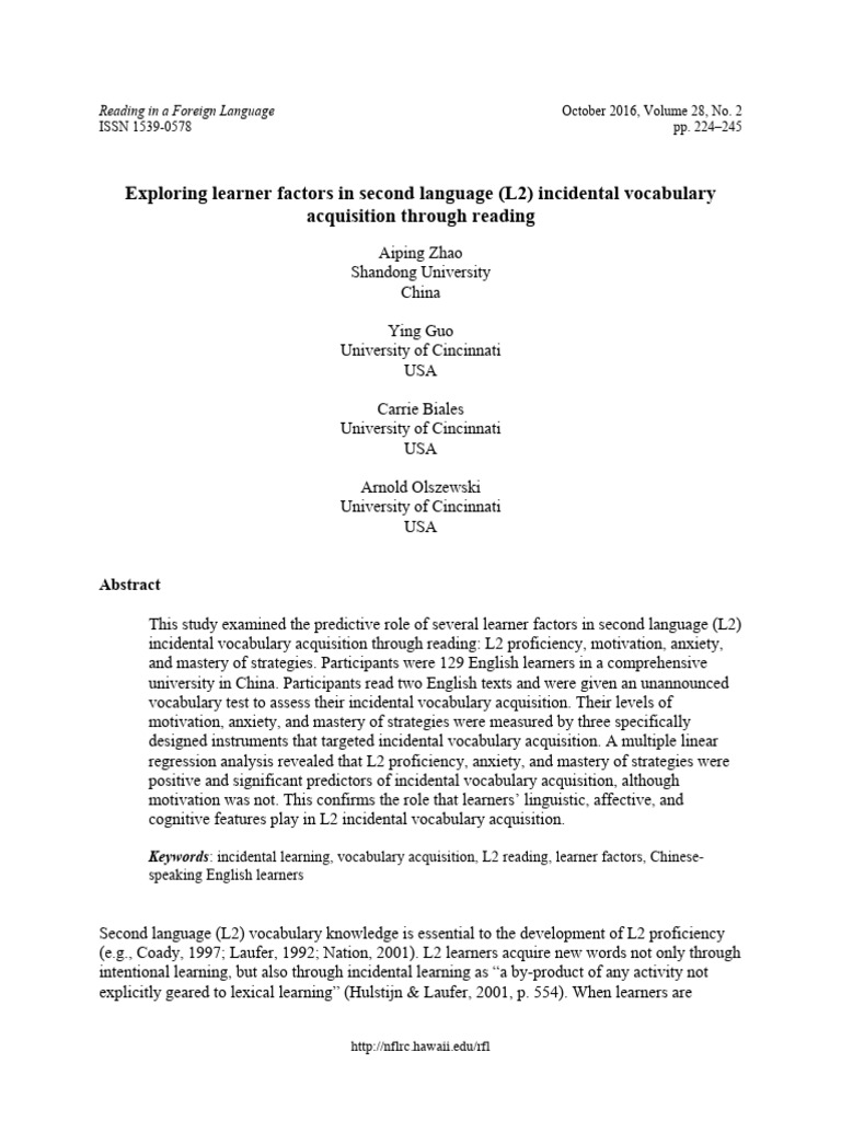 Zhao Exploring Learner Factors in Second Language Acquisition | PDF | Second Language | Second ...