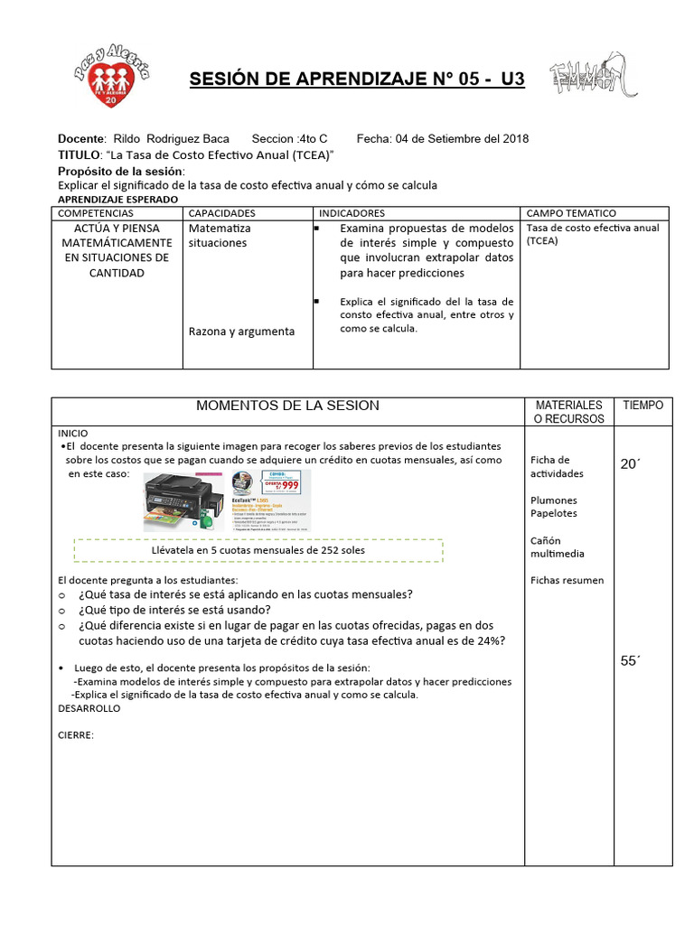 Sesion de Aprendizaje N 05 Tcea | PDF | Aprendizaje