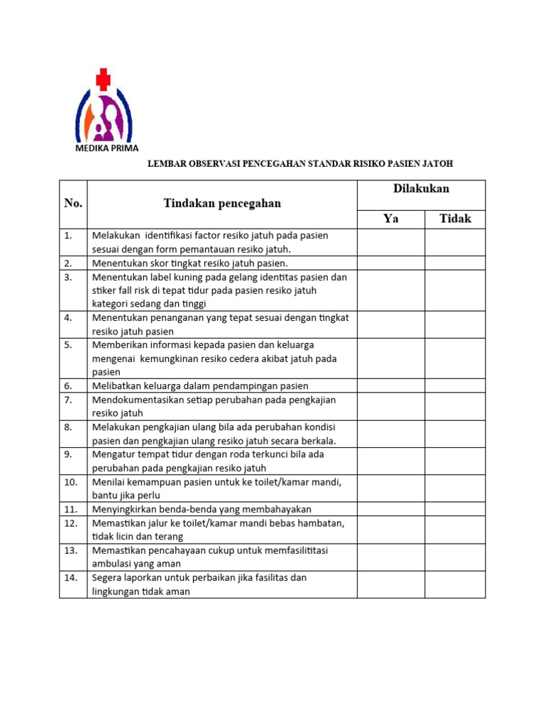 Lembar Observasi Pencegahan Standar Risiko Pasien Jatoh Medika Prima | PDF