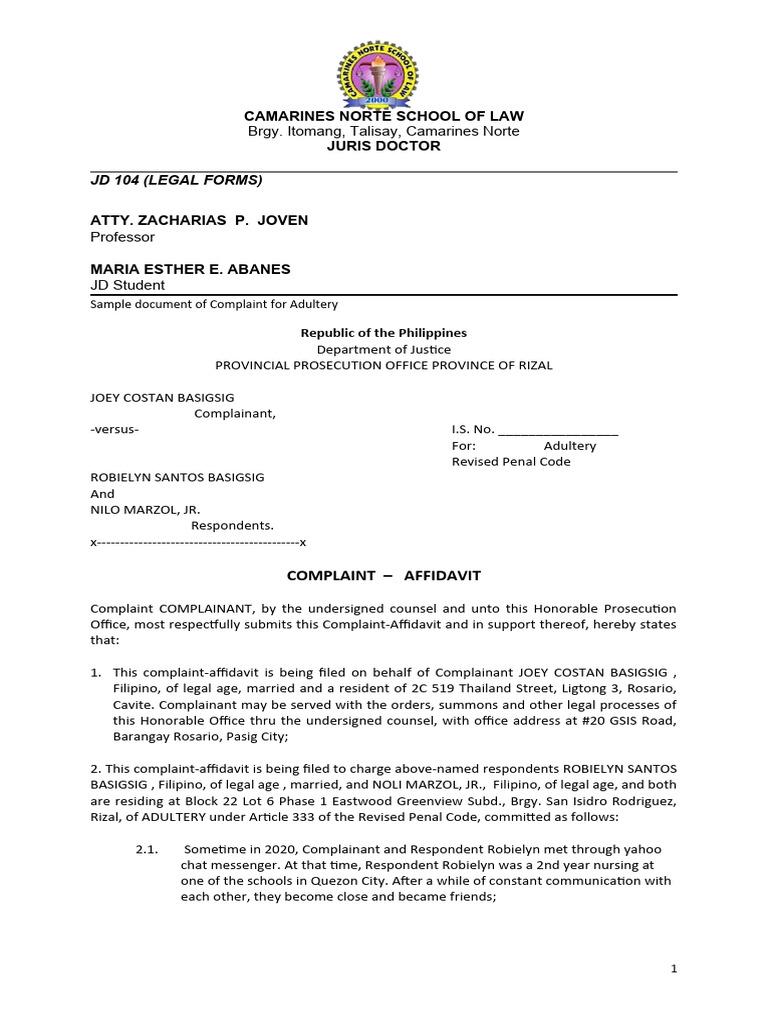 SAMPLE LEGAL FORM - Complaint For Adultery | PDF | Adultery | Husband