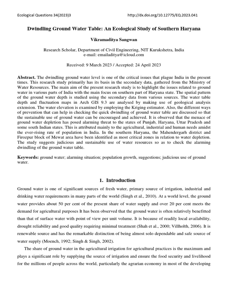 Dwindling Ground Water Table An Ecological Study o | PDF | Groundwater | Resource Depletion