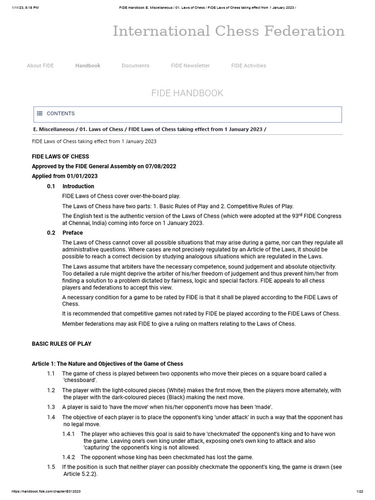 FIDE Laws of Chess From 1 January 2023 | PDF | Chess | Abstract ...