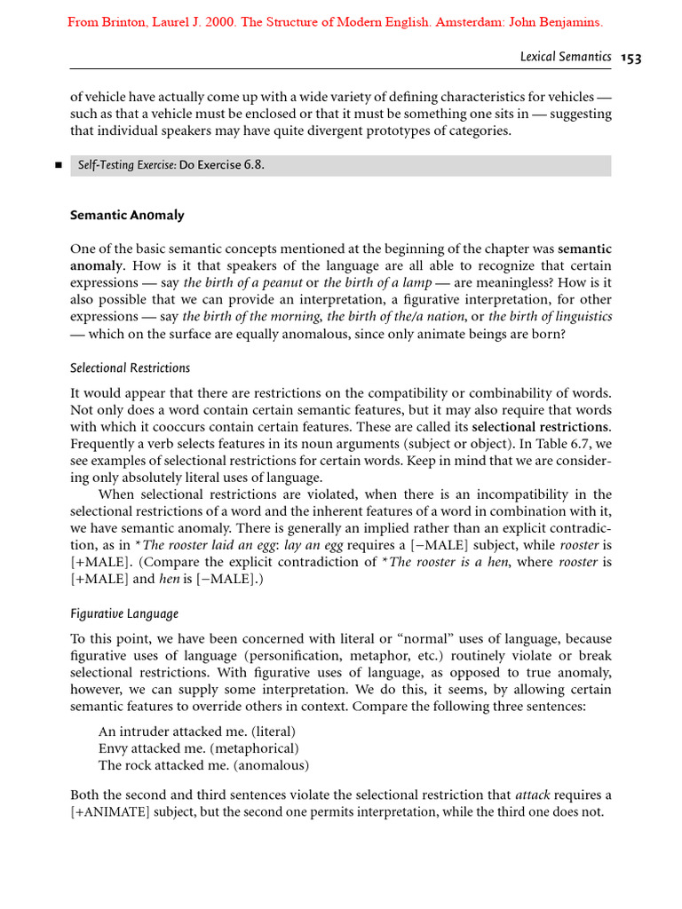 Brinton SelectionalRestrictions | PDF | Metaphor | Word