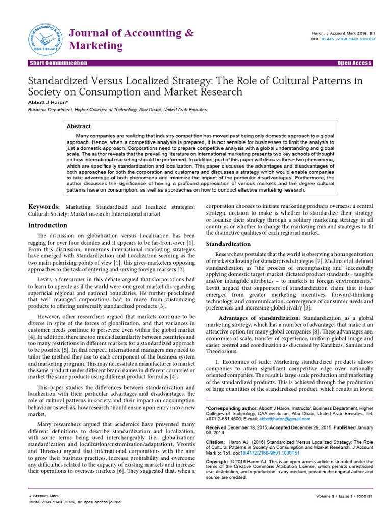 Standardized Versus Localized Strategy - The Role of Cultural Patterns in Society - Haron 2016 ...