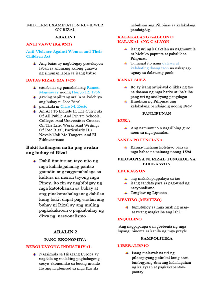 Midterm Examination Reviewer On Rizal | PDF