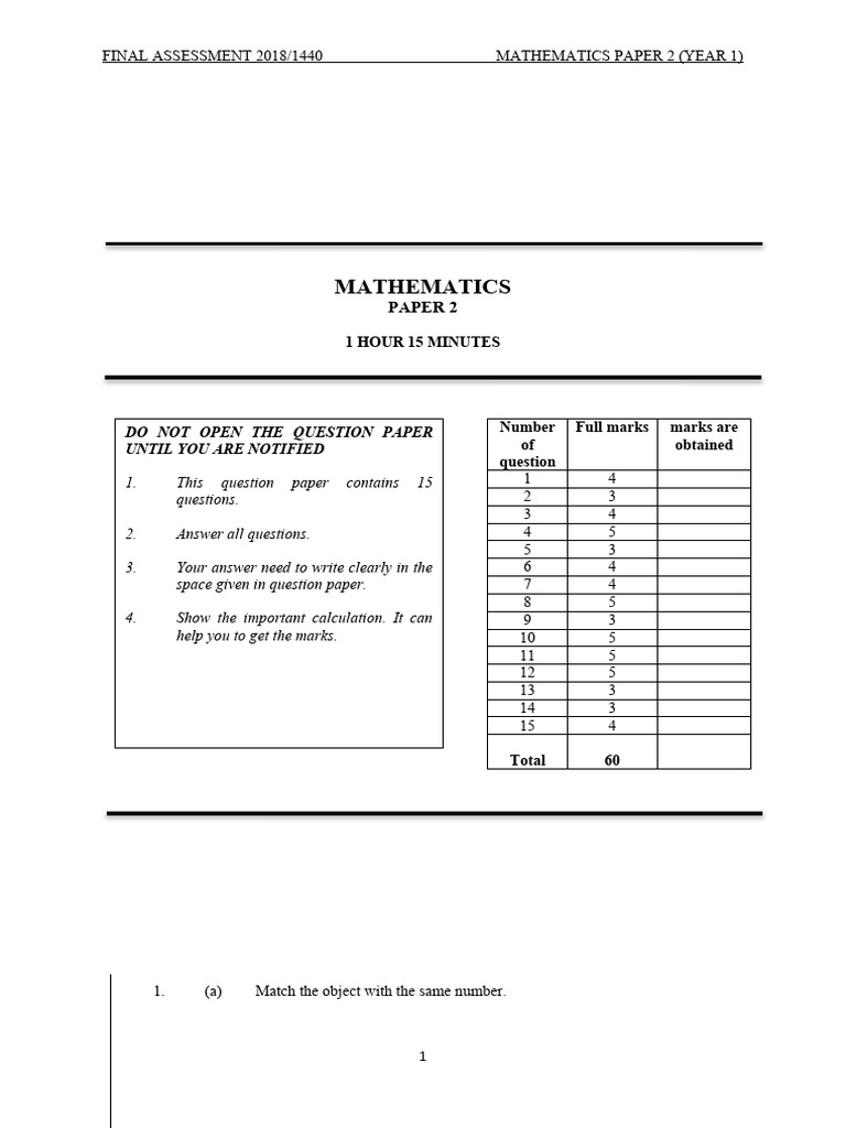 Year 1 Math Exam Paper 2 2018 | PDF | Mathematics