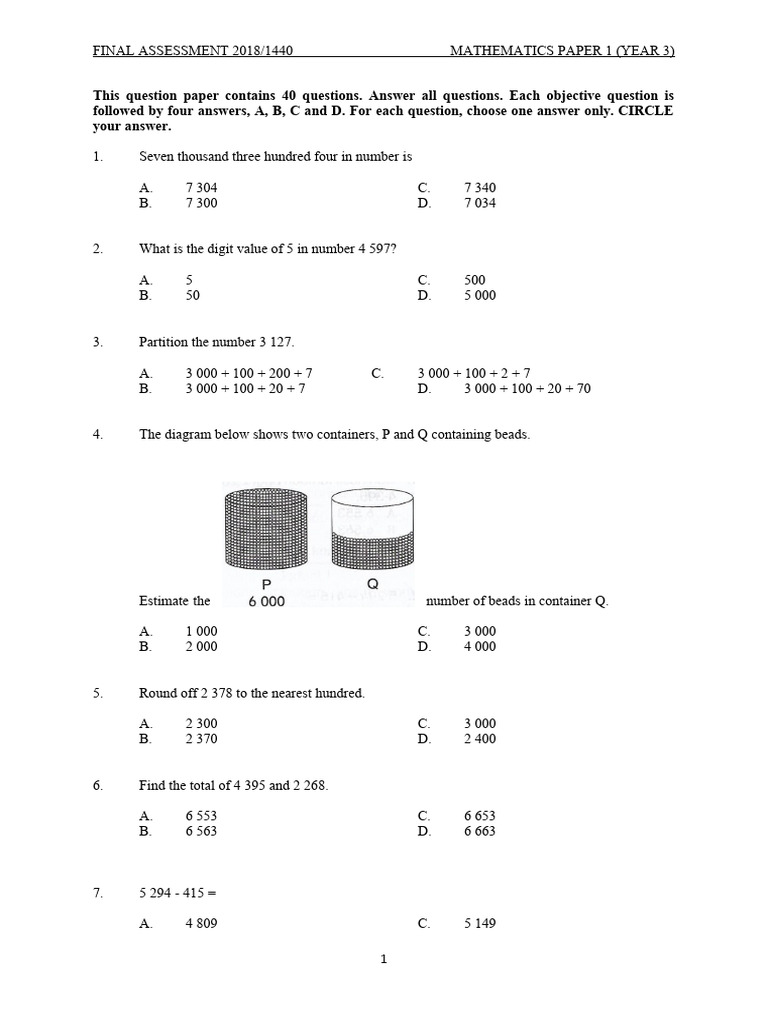 Final Math Year 3 P1 2018 | PDF | Mathematics