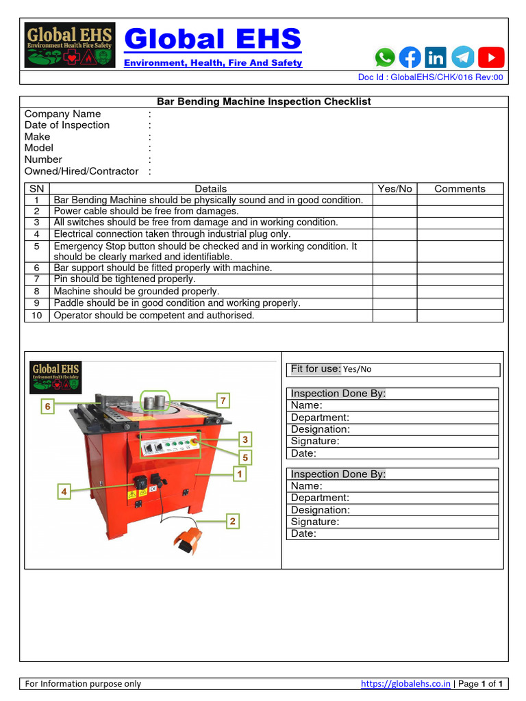 Bar Bending Machine Checklist | PDF