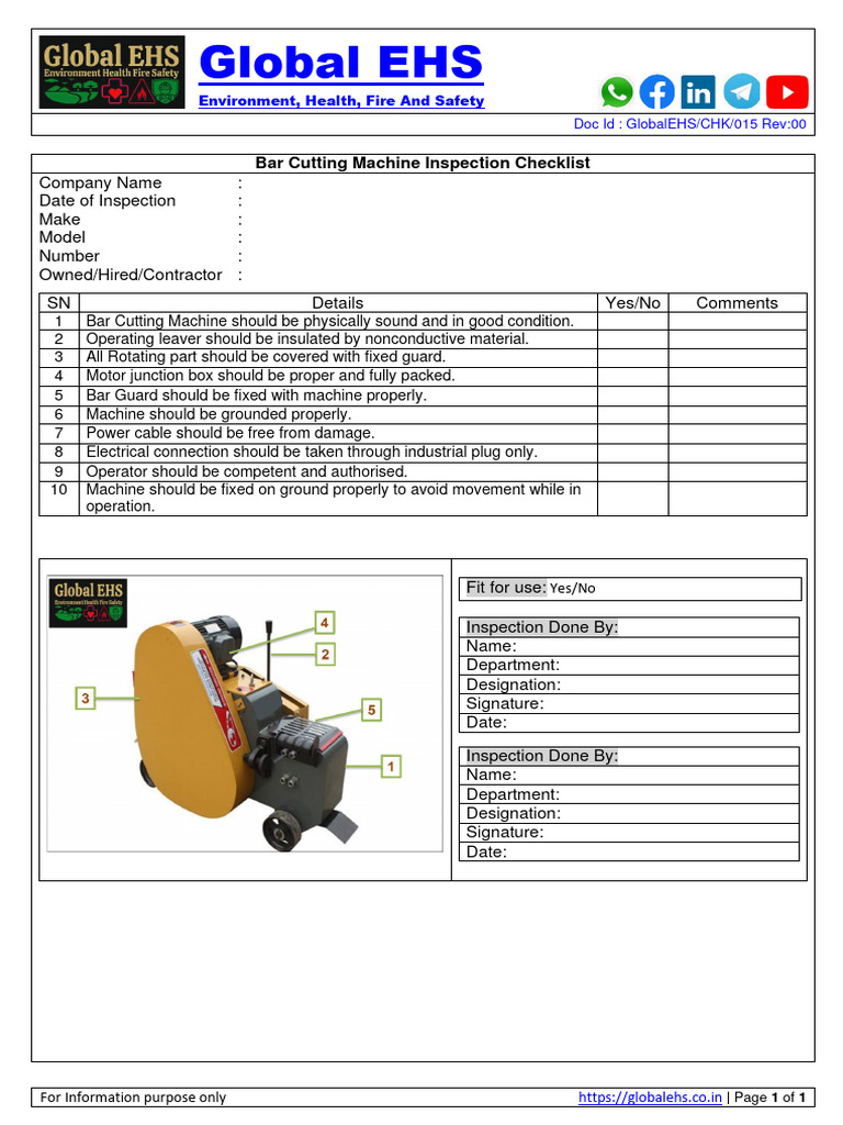 Bar Cutting Machine Safety Inspection Checklist | PDF