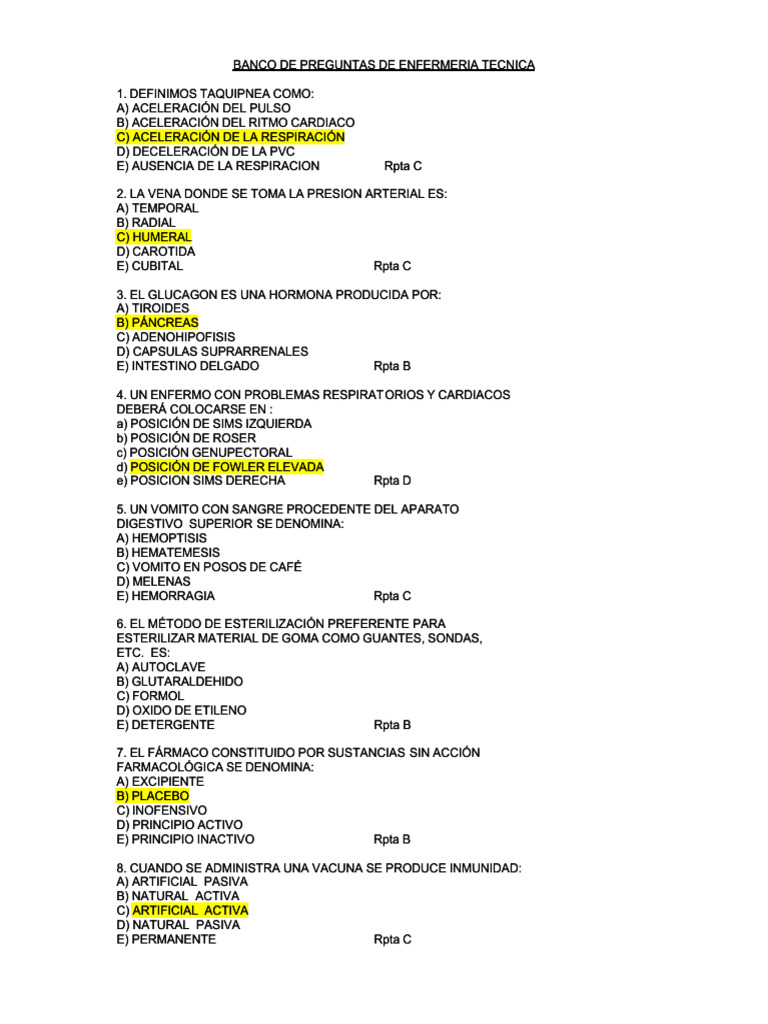 PDF Banco de Preguntas Enfermeria Tecnica - Compress | PDF | Inyección (medicina ...