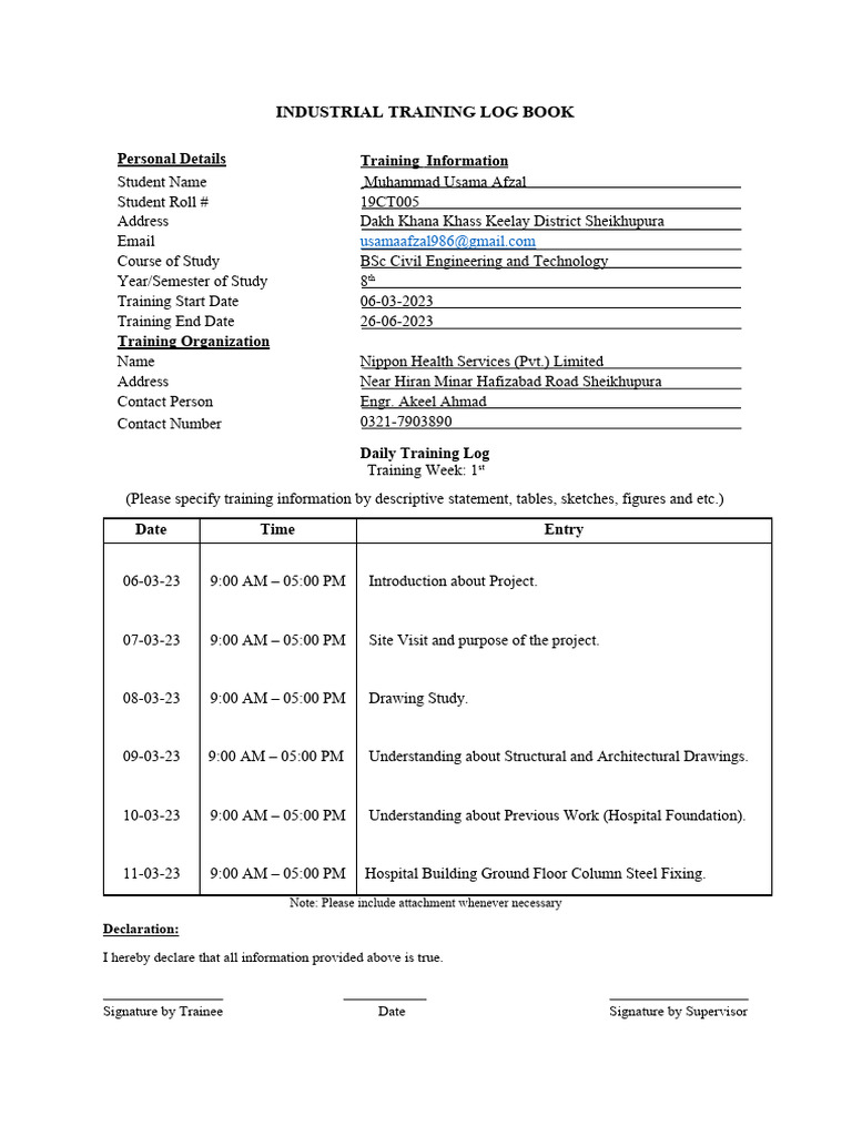 19CT005 Industrial Training Log Book | PDF | Architectural Elements | Building Materials