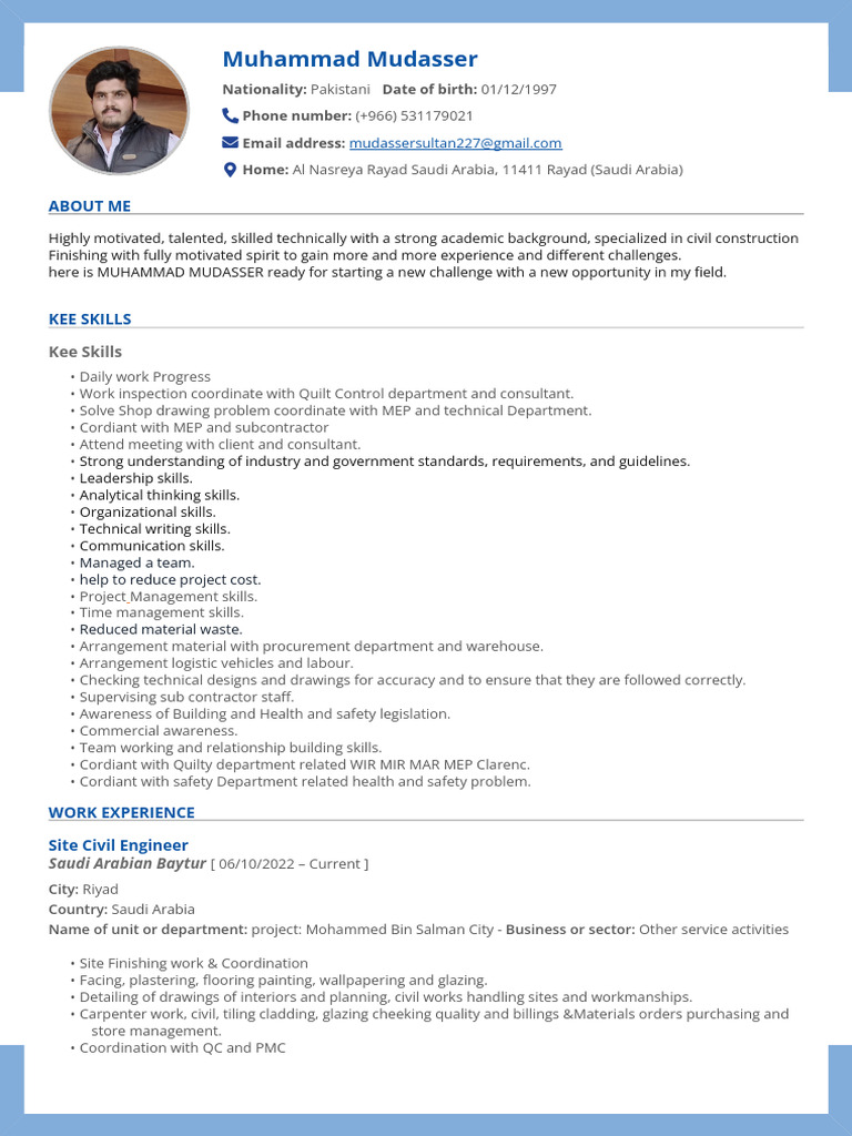 Muhammad Mudasser: Civil Engineer Profile | PDF | Tile | Wall