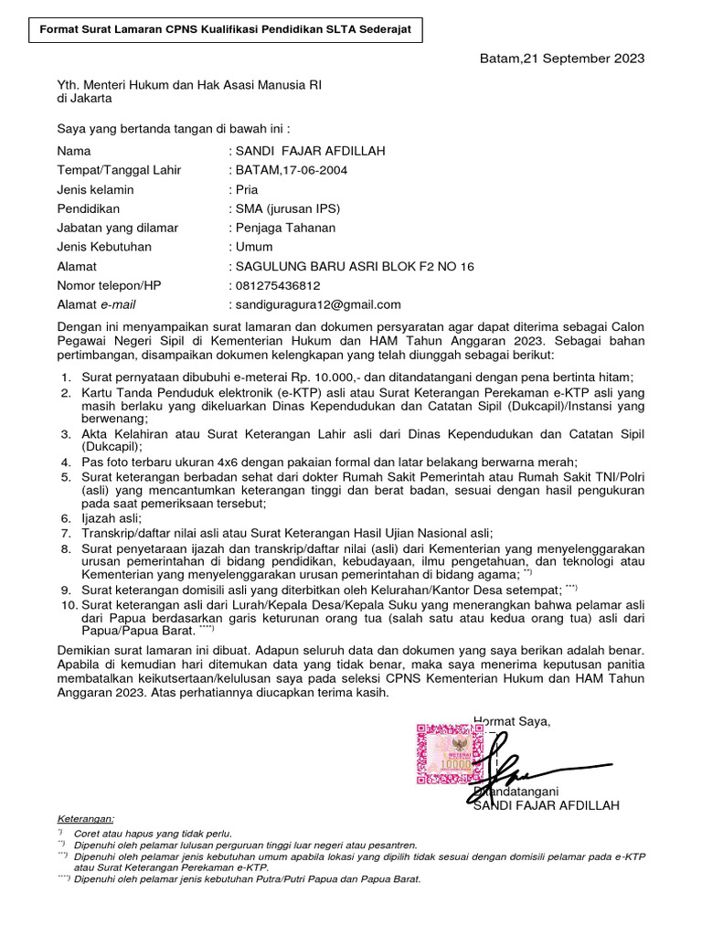 Stamp Surat Lamaran Cpns 2023 Slta1sandi | PDF